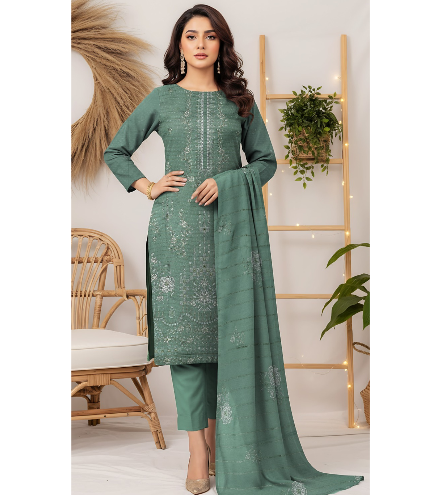 Dyed Dhanak Jacquard Chamki Embroidered 3-Piece Suit with Shawl A49-D02 ...